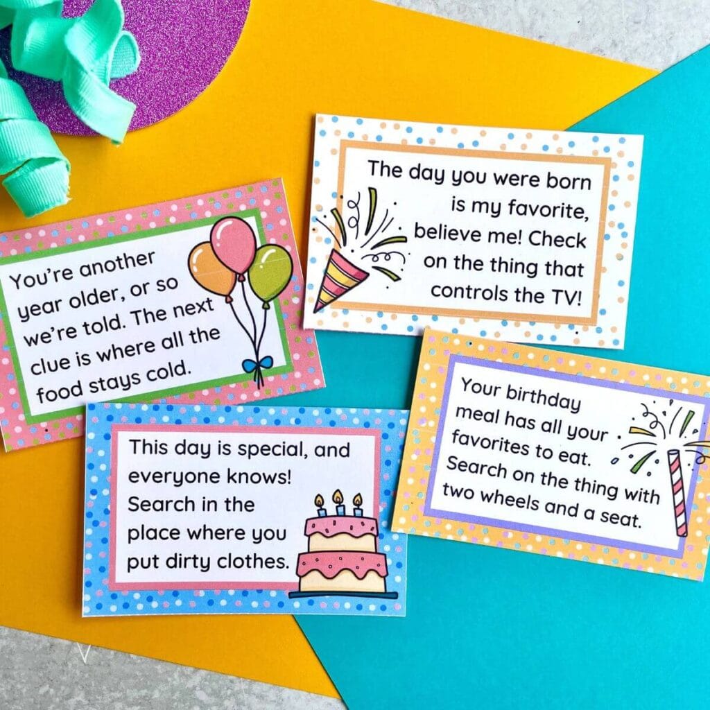 Printable Birthday Treasure Hunt Clues for Kids - 33 Clues! Printable Birthday Treasure Hunt Clues for Kids - 33 Clues!