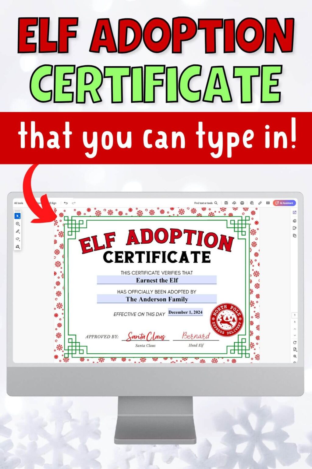 Elf Adoption Certificate - Cute Printable Template - The Savvy Sparrow
