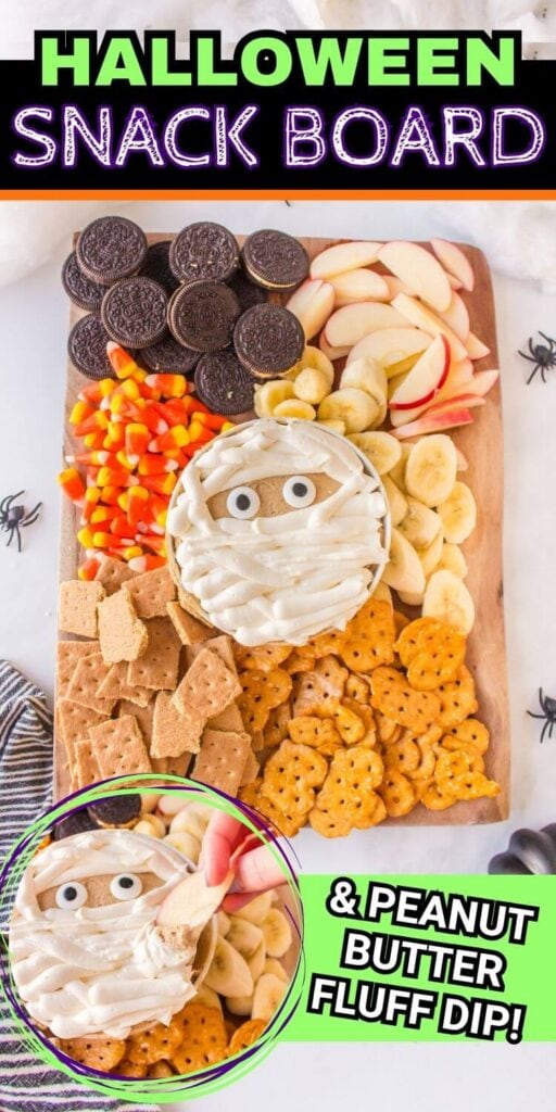 Halloween Mummy Snack Board with Peanut Butter Fluff Dip